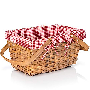 Big Mo's Toys Picnic Basket - Woven Natural Woodchip Wicker Basket with Double Handles and Red and White Gingham Blanket Lining