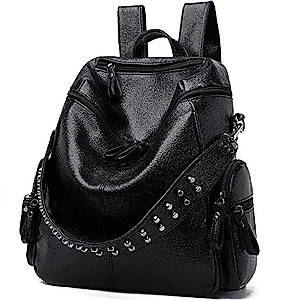 KOOIJNKO Women Backpack Purse, Rivet Studded Rucksack Convertible Ladies Fashion Casual Travel Daypack, 3 Ways Washed Leather Shoulder Bag (Black)