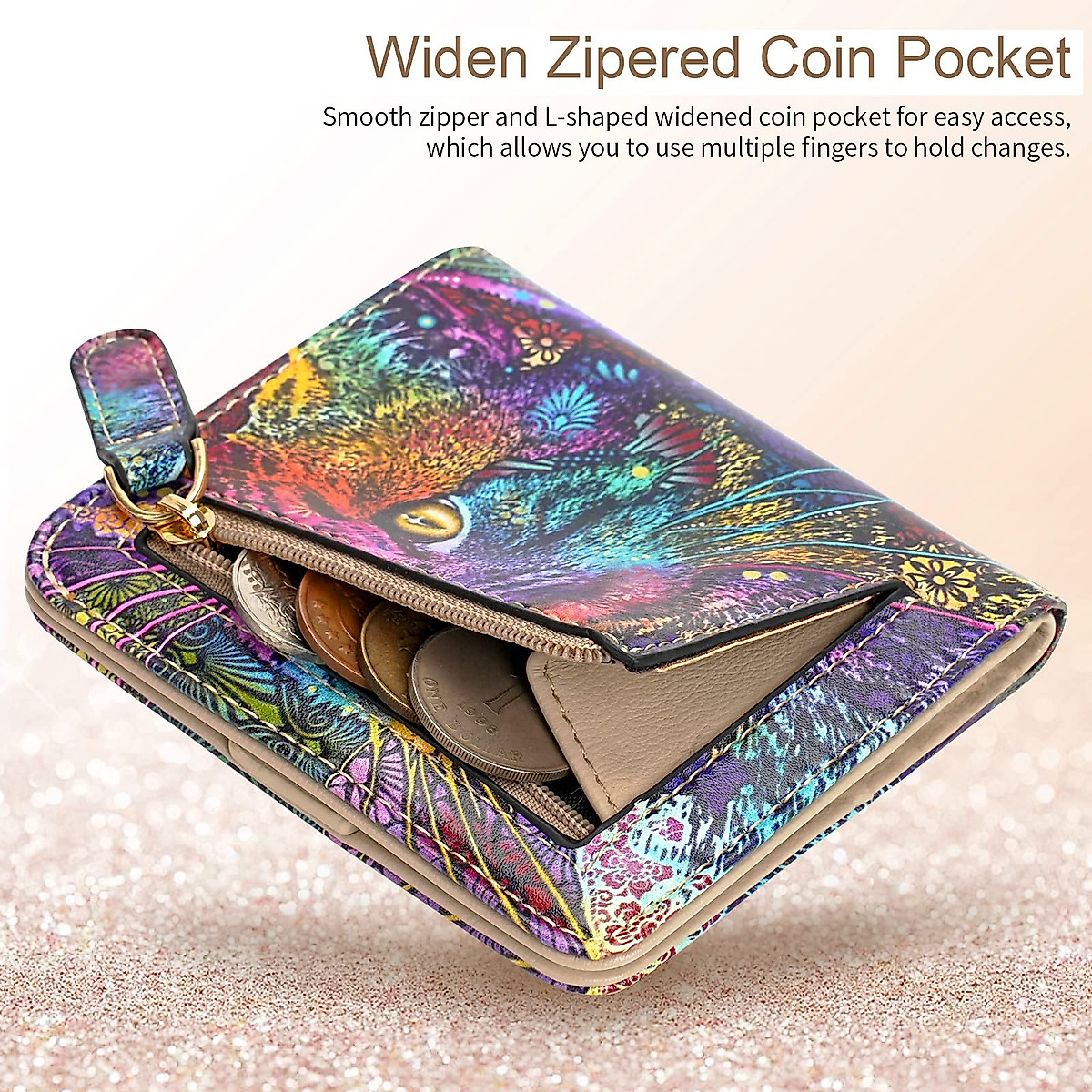 APHISON Womens Wallet, Slim Small Wallet for Women RFID Wallet Women Cartoon Microfiber Leather with ID Credit Card Holder Zipper Coin Pocket Bifold Compact Wallet Cat