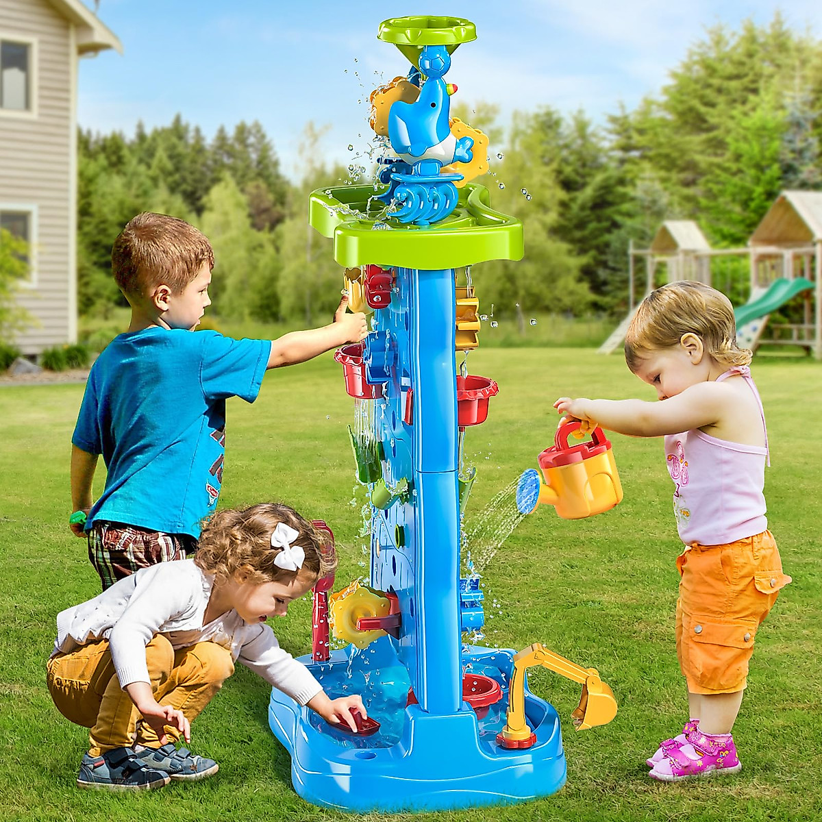 Kids Waterfall Water Table Wall for Toddlers for 3 4 5 6 7 8 Years Old Boys Girls, 32-Pc Accessory Activity Sensory Table Outdoor Double-sided Water Fun Play Toys for Age 3-8