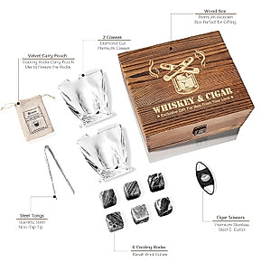 VKDONE Whiskey Glasses Set of 2 - Bourbon Gifts for Men Includes Whisky Rocks Glasses, Chilling Stones, Tongs, Velvet Pouch and Cutter, Valentines Day Gifts for Him, Dad, Husband, Whiskey Lover