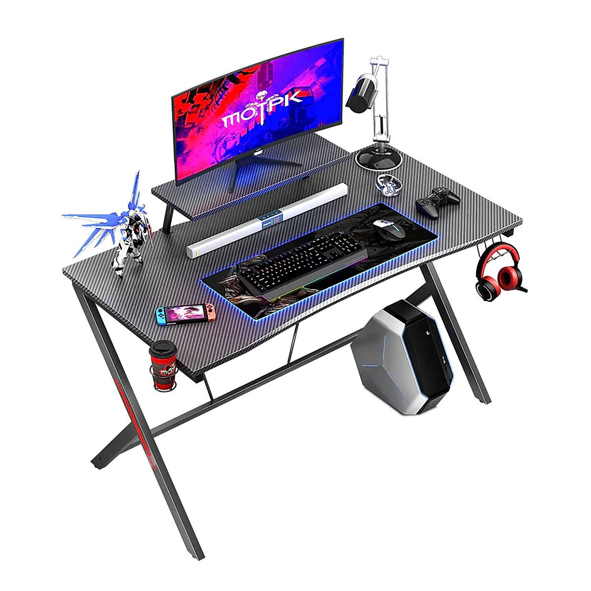MOTPK Gaming Desk 39 Inch, Computer Desk with Monitor Shelf, Gaming Table Carbon Fiber Coated, Gift Ideas, Gamer Desk with Cup Holder and Headphone Hook, Black
