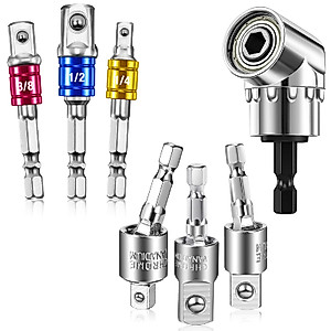 7 Pieces Power Drill Sockets Adapter Set, 3 Pieces 1/4 3/8 1/2 Inch Hex Shank Socket Adapter 3 Pieces 360 Degree Rotatable Impact Extension 1 Piece 105 Degree Right Angle Screwdriver Drill Bit
