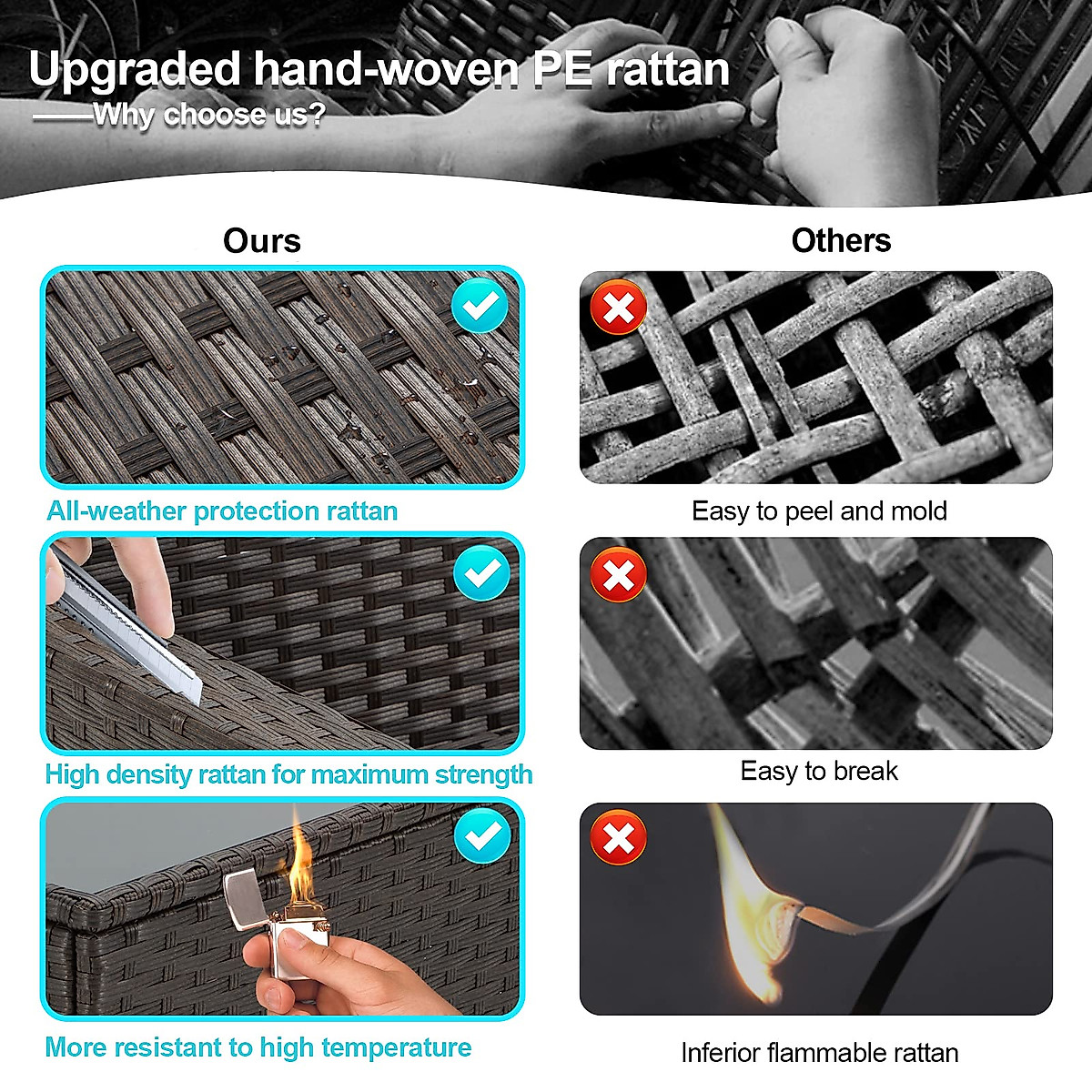 HOMREST 7 Piece Patio Furniture Set, PE Rattan Sectional Sofa, High Back Outdoor Furniture Set, Wicker Patio Conversation Set with Cushion and Glass Table for Garden, Backyard, Poolside(Khaki+Red)