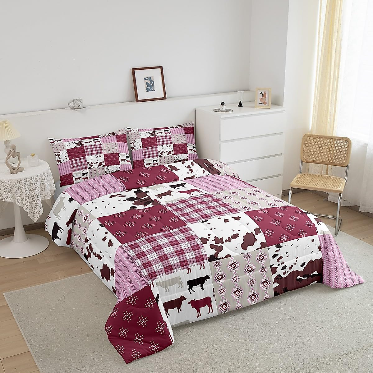 Feelyou Cow Print Comforter Set for Kids Boys Girls Cartoon Milk Cow Comforter Twin Size Farmhouse Cowhide Bedding Set Bedroom Decor Pink White Duvet Set Animal Quilt Set 2Pcs