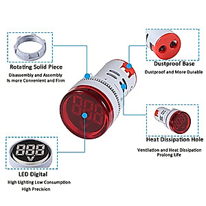 AEDIKO 5pcs LED Voltage Meter Indicator AC 60-500V LED Voltmeter Signal Light Digital Display DC Voltage Meter Indicator Round Lamp Tester