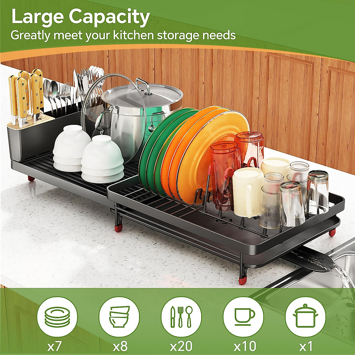 Dish Drying Rack, Auto-Drain Expandable(19.1"-26.9") Kitchen Counter Dish Drainers Rack, Stainless Steel Large Strainers Drying Rack with Drainboard Pan Holder Utensil Holder Caddy Organizer, Black