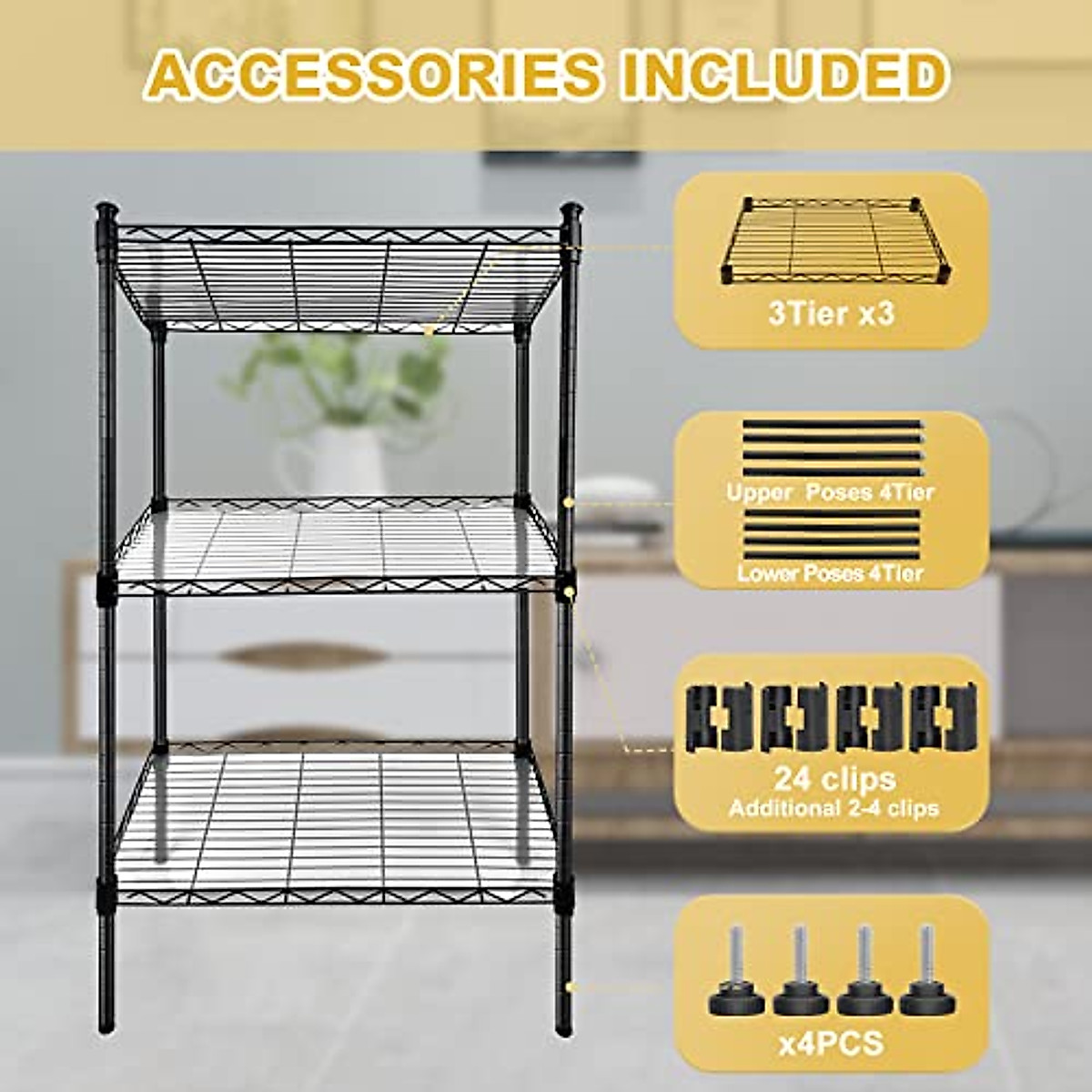 3-Tier Wire Shelving Unit and Storage, Adjustable Shelves for Storage Heavy Duty Metal Wire Rack Shelving for Garage Kitchen Pantry Closet Laundry Load 400LBS (23.5 x 13.5 x 35.5 inch)