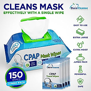 DuraCleanse CPAP Wipes - 150 Count Jumbo Pack + 4 Travel Mask Wipes - Extra Large, Extra Moist Cleaning CPAP Wipes for Mask, CPAP Machine & Supplies - Skin Safe with Aloe Vera