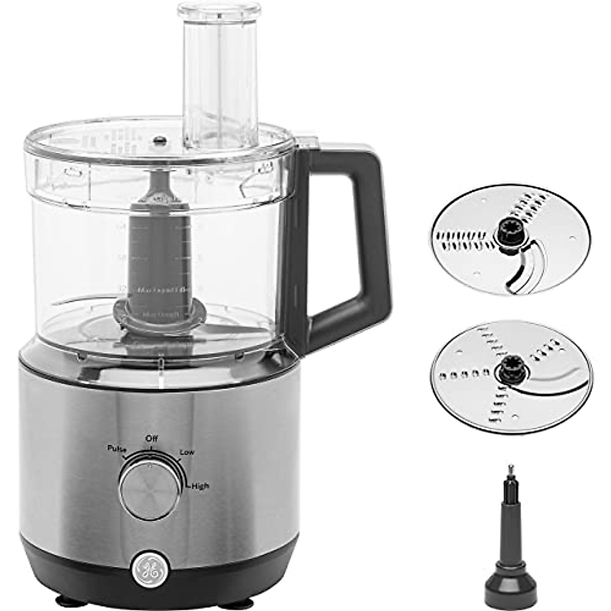 GE Food Processor | 12 Cup | Complete With 3 Feeding Tubes, Stainless Steel Mixing Blade & Shredding Disc | 3 Speed | Great for Shredded Cheese, Chicken & More | Kitchen Essentials | 550 Watts