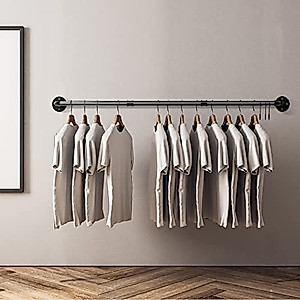 MOUTIK Industrial Pipe Clothes Hanging Rack: Wall Mounted Iron Clothing Storage Hanger Rod - Heavy Duty Multi-Purpose Metal Garment Bar for Closet Laundry Room Black