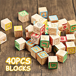 SainSmart Jr. Wooden ABC Blocks 40PCS Stacking Blocks Baby Alphabet Letters, Counting, Building Block Set for Toddlers 1.2 Inch