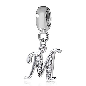 A-Z Letter Charm 925 Sterling Silver Alphabet Charm M Letter Charm Words Charm Anniversary Charm Christmas Charm for Pandora Charm Bracelet (M)