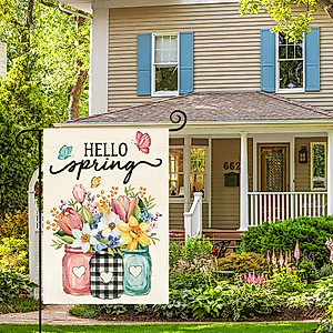 AVOIN colorlife Hello Spring Garden Flag 12x18 Inch Double Sided Outside, Floral Mason Jar Holiday Yard Outdoor Flag