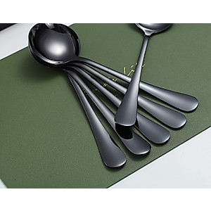 Black Soup Spoons, Kyraton 6 Pieces Stainless Steel Round Spoons With Black Titanium Plating, Black Dinner Spoon Table Spoon, Spoons Silverware Dishwasher Safe Set of 6