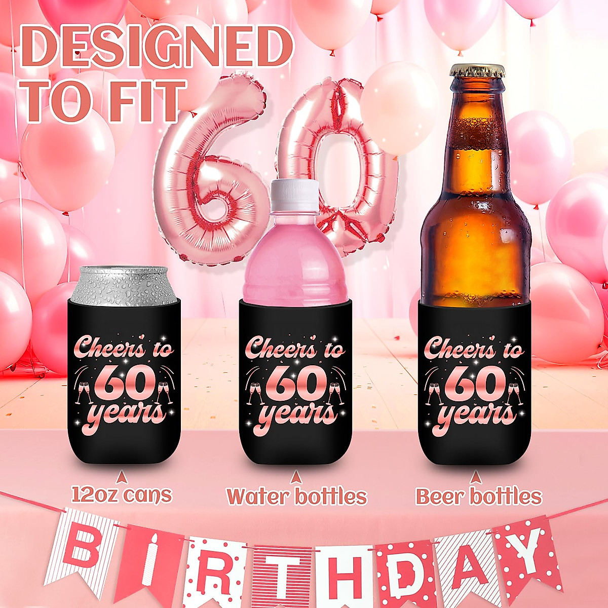 12Pcs Can Cooler Sleeves - Rose Gold 60th Birthday Decorations for Women - Beverage Can Cooler Sleeves for Cheers to 60 Years Old Party Supplies Gift