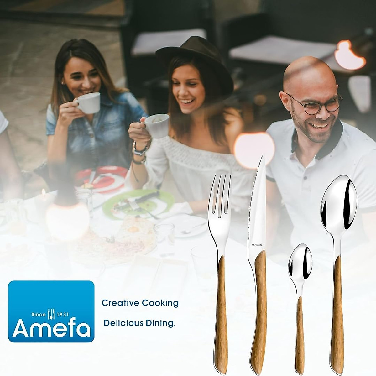 Amefa Eclat Nature Wood Pattern Handle 18/0 Flatware Set - Brown - 24 Piece Place Setting - Service for 6 -Fork Knife Spoons (2) - Amefa Wooden Cutlery Set - Flatware Set - Silverware Set