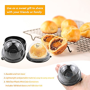 PRALB 100 Set Clear Plastic Mini Cupcake Boxes Muffin Pod Dome Muffin Single Container Box Wedding Birthday Gifts Supplies,2.76 X1.78 Inch for Cheese Pastry Dessert Mooncake (Clear,Black)