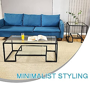 Black Metal Glass Coffee Table - Simple Center Coffee Table for Living Room Home, Metal Frame Coffee Table with 2 Shelves,Modern Table for Bedroom, Dinning Room,Office Decor