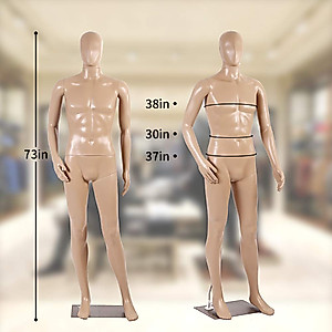Mannequin Torso Manikin Dress Form Male 73" Adjustable Detachable Realistic Full Body Mannequin Model Display with Metal Base Plastic Head Turns Poseable Adult Dummy Mannequin Stand, Nude