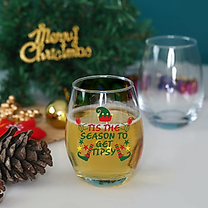 Tis the Season to Get Tipsy Christmas Stemless Wine Glass, Christmas Gift Wine Glass for Friends Dad Mom Women Men Family Christmas Holiday Wedding, 15 Oz