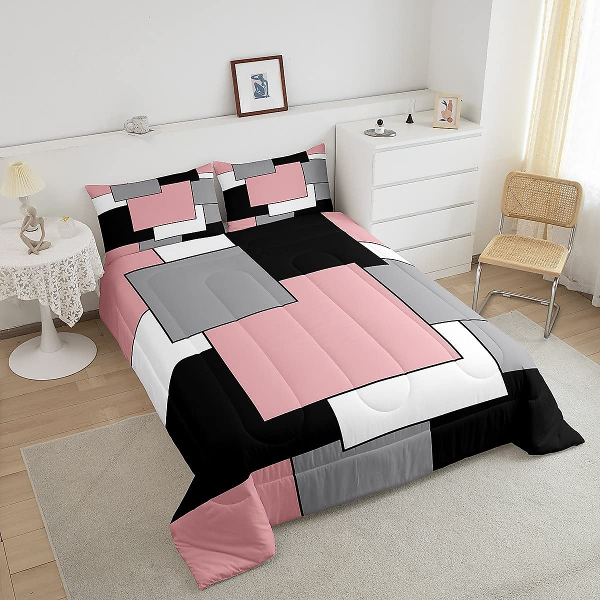 Geometric Queen Comforter for Kids Teens,Mid Century Abstract Bedding Set Modern Pink Grey Black Grey Bedding Comforter Sets for Home Room Decor Geometry Lines Striped Duvet Insert with 2 Pillowcases