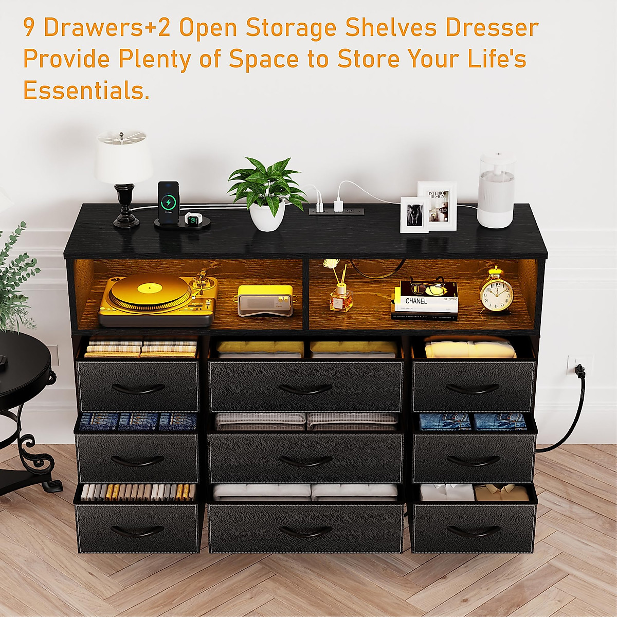 eiskah Black Dresser for Bedroom, 9 Drawers Led Dresser TV Stand with Power Outlets and LED Lights, Long Fabric Dressers Wide Chest of Drawers with Large Organizer for Living Room, Entryway, Hallway