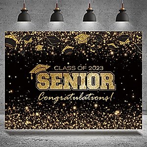 Rsuuinu Class of 2023 Backdrop Black Gold Glitter Bokeh Graduation Party Photography Background Congratulations Senior 2023 Congrats Grad Prom Party Decorations Banner Photo Booth Props 7x5ft