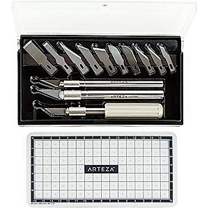 Arteza Hobby Knife Kit, Set of 17 Pieces Including 13 Steel Blades, Precision Knives with Precision, Trimming, and Cutting Handles, and Cutting Mat, Craft Supplies for Stenciling, Sewing, and Baking
