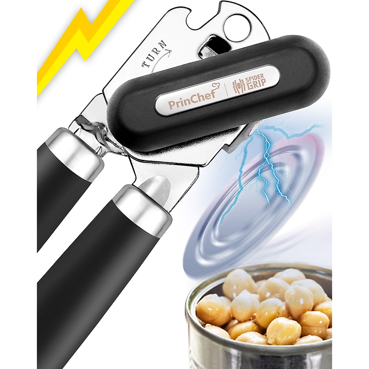 [Upgraded] PrinChef Can Opener Manual with Magnet, Reinforced Gear and Blade, Smooth Edge Can Openers for Seniors with Arthritis, Comfortable Grip Handheld Can Cutter Bottle Opener with Magnet, Black