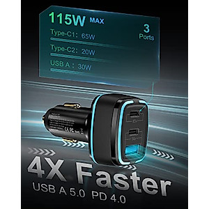 USB C Car Charger 115W, KENREE 3 Ports USB C USB A Car Charger PD 65W 45W QC 20W Fast Car Charger for iPhone 12/13/14 Pro Max XR 7 8, Samsung Galaxy S21 S22 Ultra Note