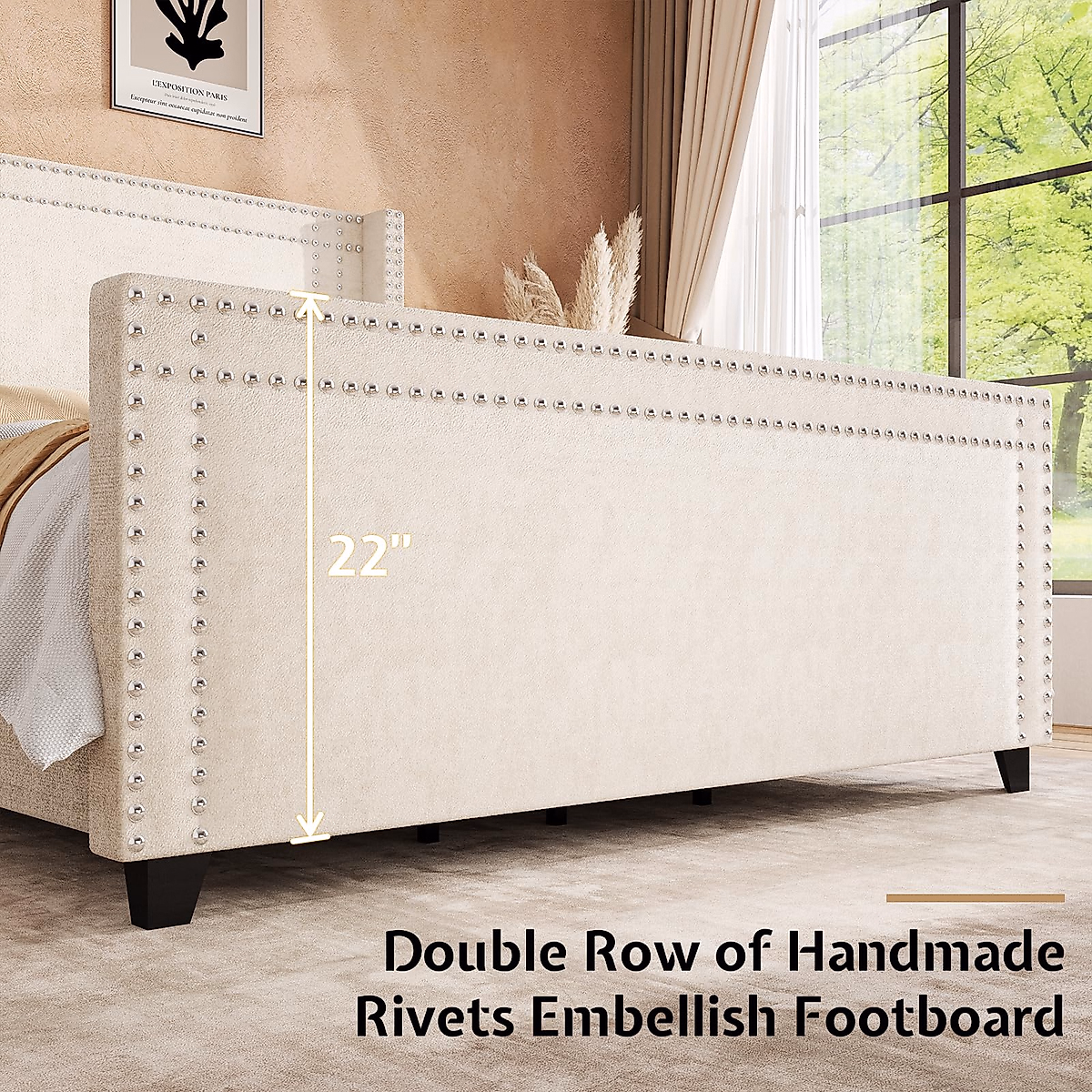 Jocisland Queen Size Bed Frame, Chenille Upholstered Platform Bed with Wingback Headboard & Footboard, Nailhead Trim, No Box Spring Needed, Cream