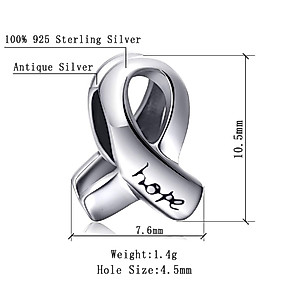 Hope Ribbon Charms Compatible with Pandora Women Bracelet, Antique 925 Sterling Silver Breast Cancer Awareness Beads, Love Gifts for Mothers Day/Christmas/Valentines Day