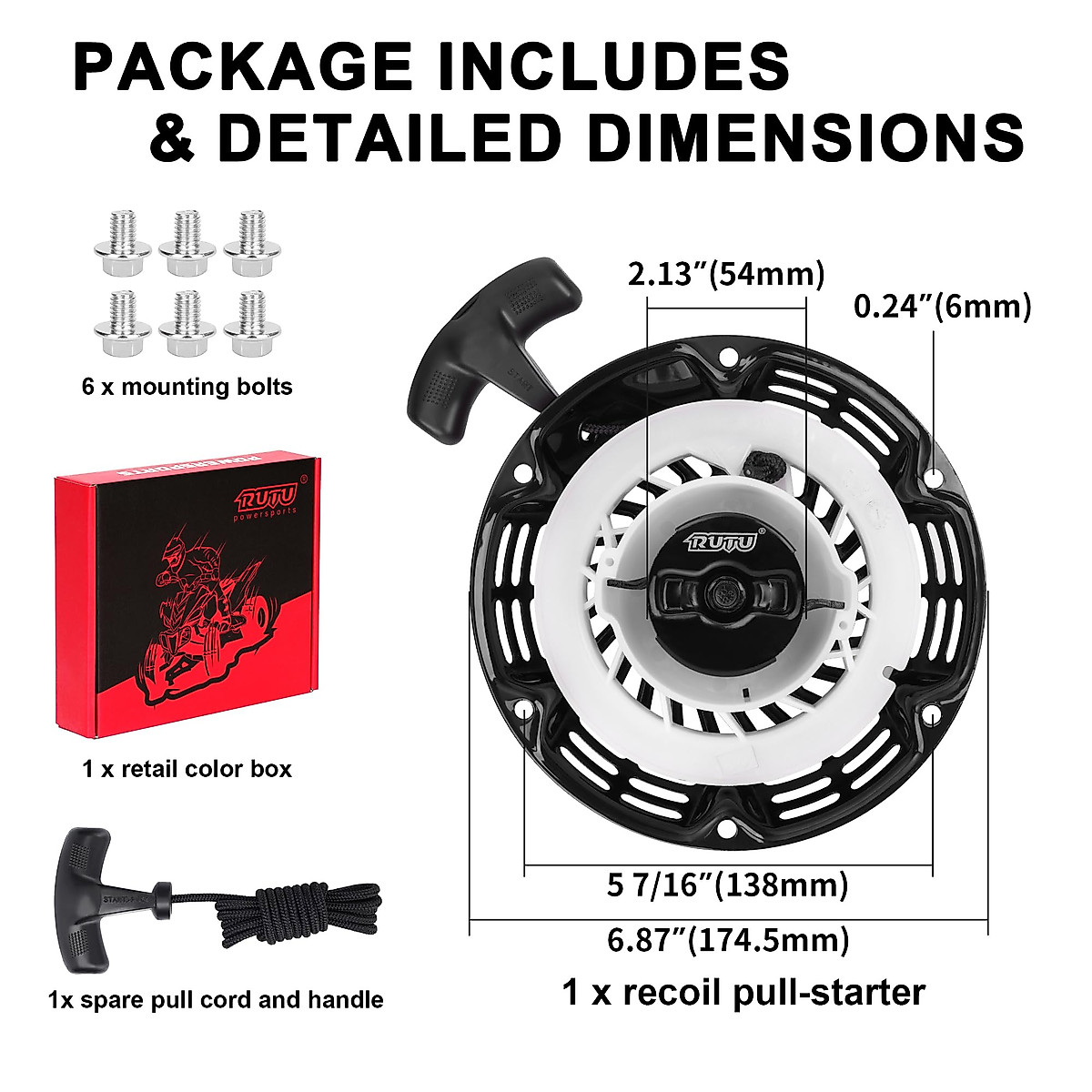 Recoil Starter for Predator 212 Coleman BT200X with Thicker Housing Pawl, RUTU Pull Starter Assembly Replacement for Honda GX160 GX200 5.5HP 6.5HP Small Engine Go Kart Mini Dirt Bike Black