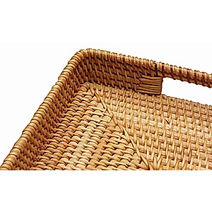 Rectangular Wicker Serving Tray-Set of 2- w/Inbuilt Handles-Handmade Woven Rattan Storage Basket-Decorative Coffee Tabletop Tray-Boho Flat Bathroom Organizer-(L- 15.4"x2.4" M- 13.7"x 2")