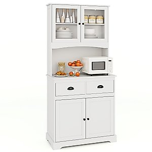 SILKYDRY 67” Kitchen Hutch Storage Cabinet, Tall Pantry Buffet Cabinet with Glass Doors, Adjustable Shelves, 2 Large Drawers, Dining Room Cupboard, Kitchen Hutch with Countertop