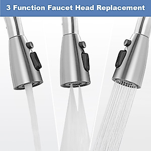 WOWOW Kitchen Faucet Head Replacement Brushed Nickel, 3 Function Pull Out Spray Nozzle with 9 Adapters for Kitchen Sink Faucet，American Standard for Moen Kohler Delta Faucets G1/2 Male Connector