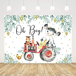 ABLIN 10x7ft Holy Cow Baby Shower Backdrop for Boy Spring Theme Oh Boy Baby Shower Party Decorations Banner Green Leaves Red Tractor Photography Background Photo Shoot Props