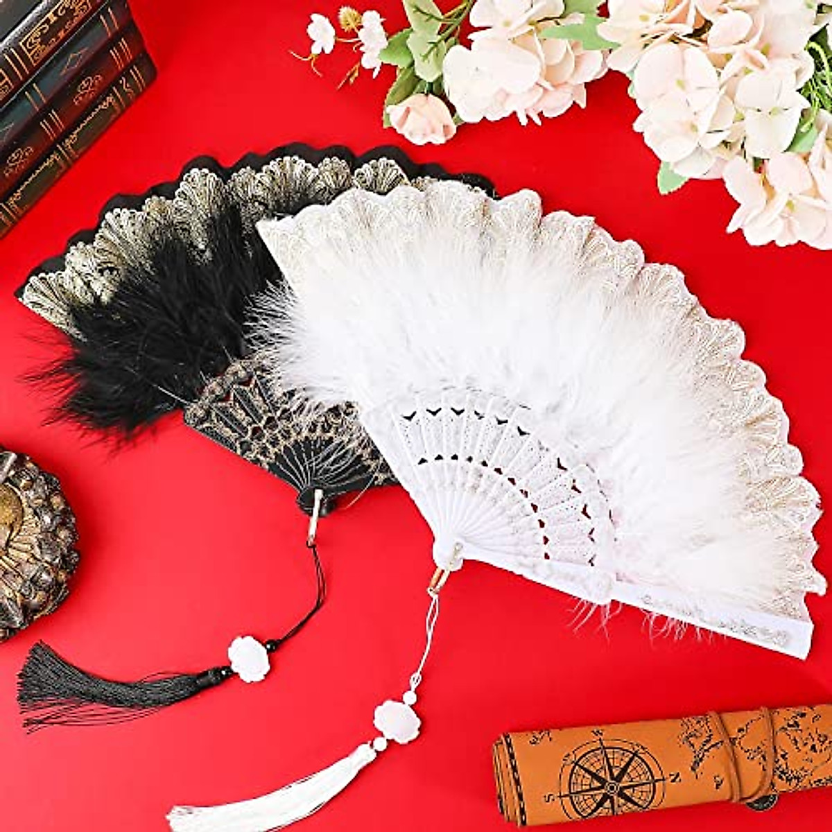 2 Pieces Feather Hand Fan Embroidered Flower Marabou Feather Fan 1920s Feather Fan Hand Fan Folding Hand Fan Drag Queen Fan for 20s Women Costume Party Dancing Photoshoot Wedding Decor (White, Black)