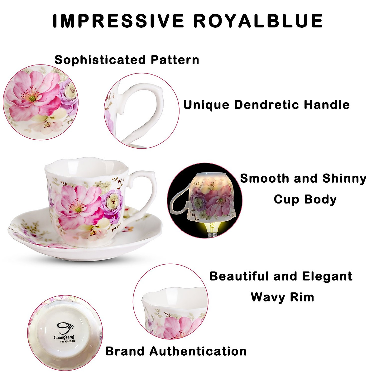 GuangYang 12 Pieces (Tiny Style) Espresso Cups and Saucers，2.5 ounce/80ml，Set of 6,Mini Premium Porcelain Coffee Cup Set, Fancy Flower Pattern Design