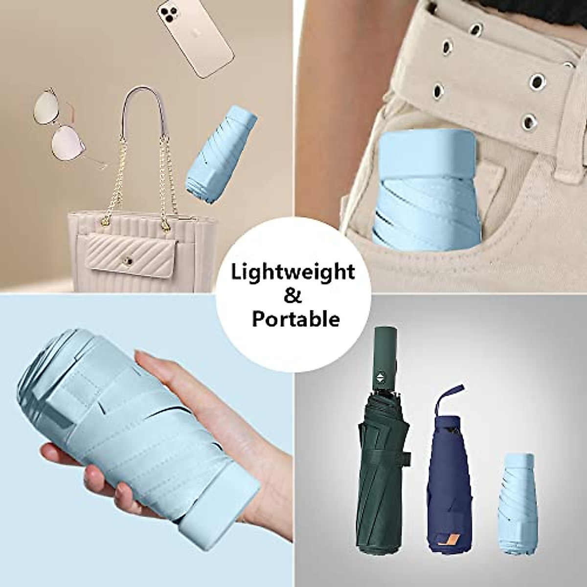 ESUFEIR Mini Travel Sun Umbrella for Purse With Case,Small Compact UV Umbrella for Sun and Rain,Lightweight & Portable,Windproof Parasol Umbrella with 99% UV Protection for Women Men Kids(syblue)