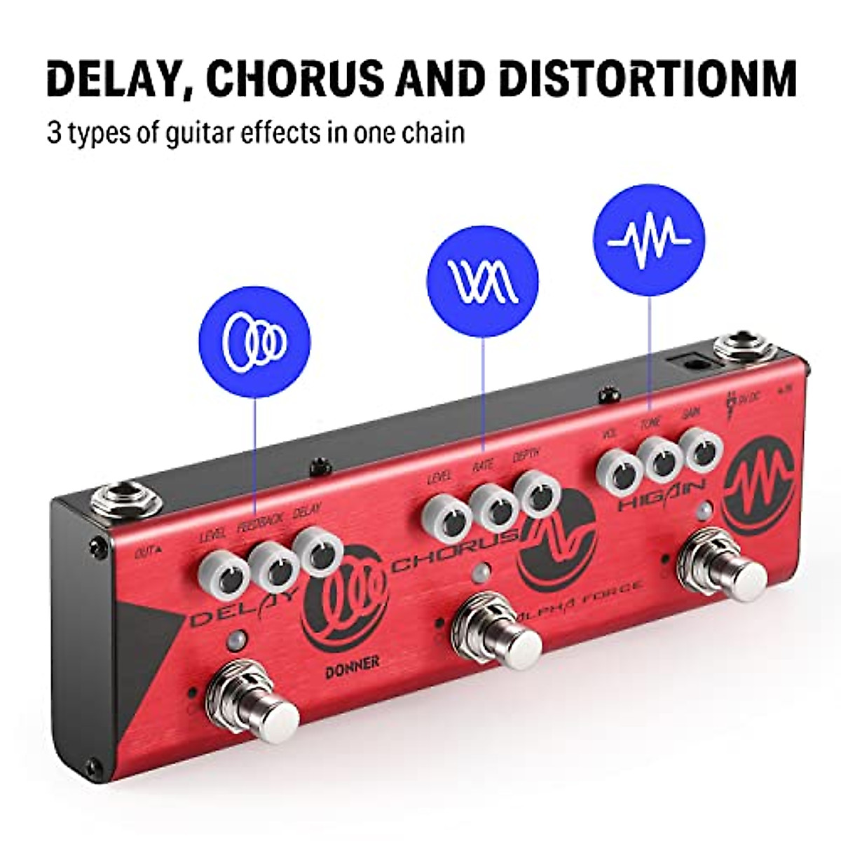 Donner Multi Guitar Effect Pedal Alpha Force 3 in 1 Effects Delay Chorus High Gain Distortion Pedal with Adapter