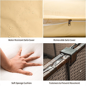 Qsun 7-Piece Patio Furniture Set, Outdoor Sectional PE Wicker Rattan Patio Set. Outdoor Furniture a Glass Coffee Table for Porch Poolside Balcony (Brown Rattan, Beige Cushion)