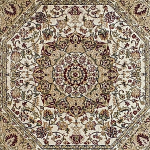 Traditional Octagon Area Rug Design Bellagio 401 Ivory (4 Feet x 4 Feet)