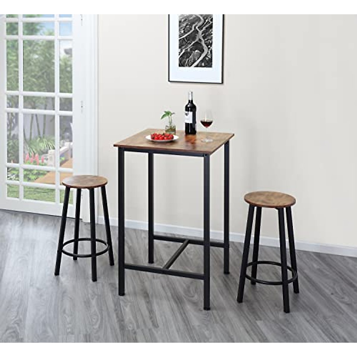 Finnhomy Bar Table Set, 23.6" Pub Table High Top Table, Square Bar Height Table, Bar Table with Stools, Kitchen Table Set for 2, Dining Table Set, Breakfast for Kitchen, Living Room, Rustic Brown