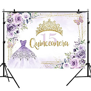 Rsuuinu Quinceañera 15th Birthday Backdrop Purple Floral Rose Gold Spots Photography Background Mexico Flower Fifteen Crown Princess Birthday Party Decorations Banner Supplies Photo Booth Props 7x5ft