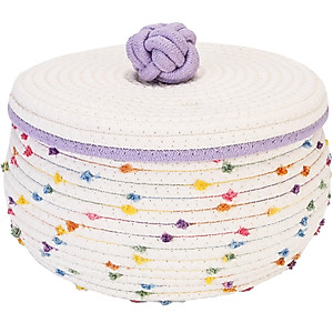 Sea Team Round Cotton Rope Storage Basket with Lid, Colorful Rainbow Pompom Woven Storage Bin, Pot, Caddy, Organizer, Container for Snacks, Towels, Plants, 9.8 x 5.5 Inches, Purple