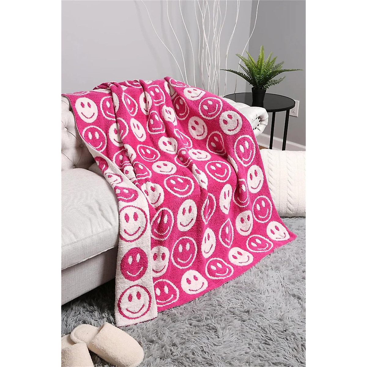 Happy Face Knitted Throw Blankets Reversible Soft Knit Blanket with Two-Toned Cute Pattern Bed Throws Fuzzy Kids Blanket Warm Cozy for Home Couch Sofa (Rosy)