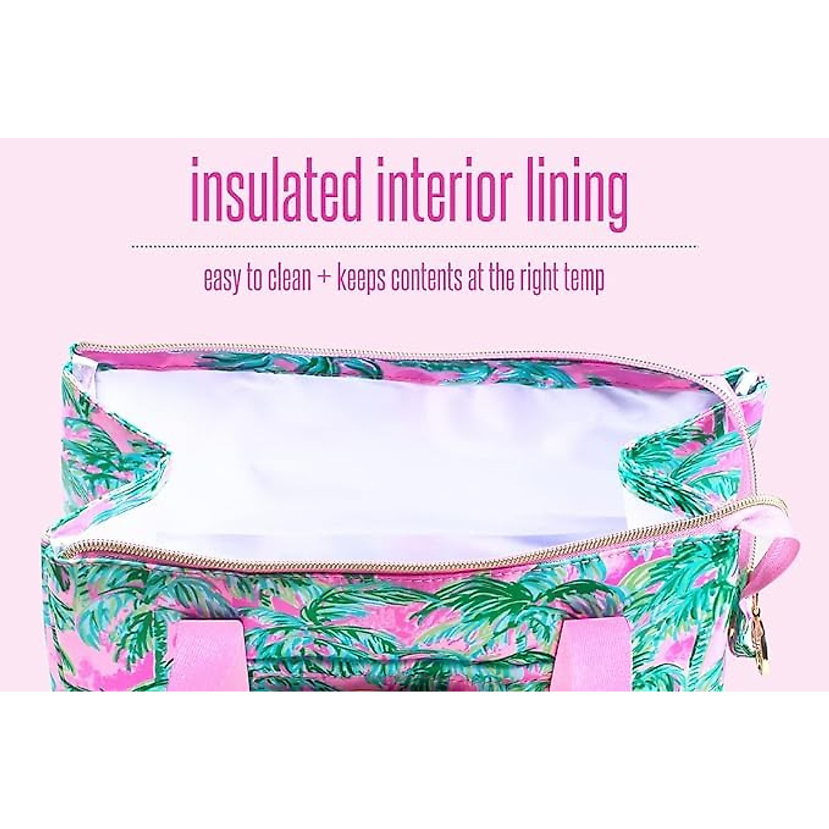 Lilly Pulitzer Cute Lunch Bag for Women, Large Capacity Insulated Tote Bag, Pink/Green Mini Cooler with Storage Pocket and Shoulder Straps, Suite Views
