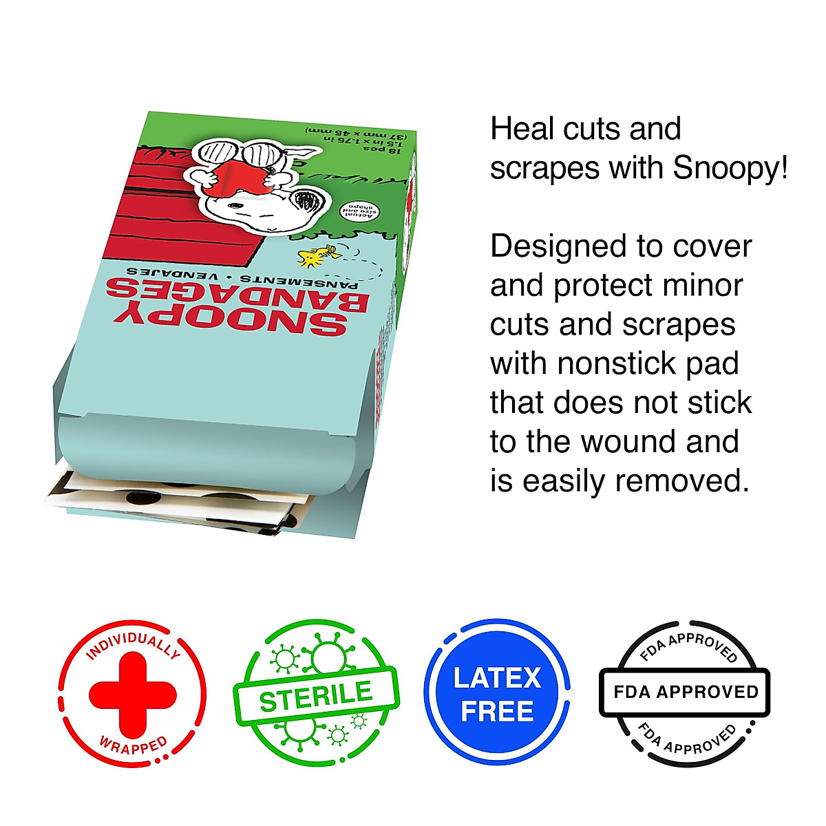 GAMAGO Peanuts Snoopy Adhesive Bandages - Set of 18 Individually Wrapped Self Adhesive Bandages - Sterile, Latex-Free & Easily Removable - Funny Gift & First Aid Addition